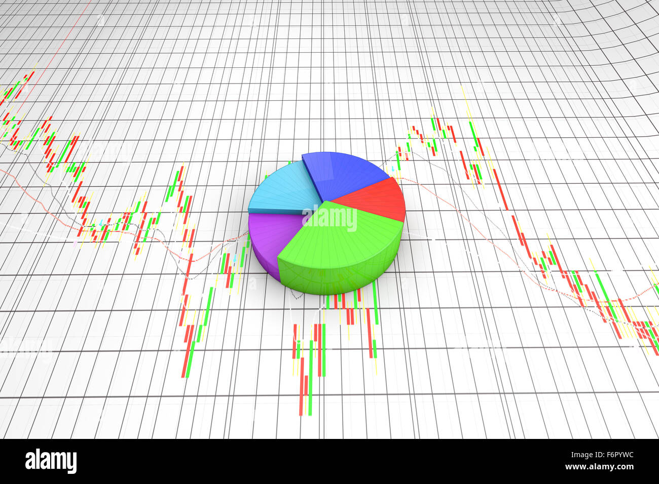A colorful 3d pie chart graph. High resolution render with candlesticks chart background Stock ...