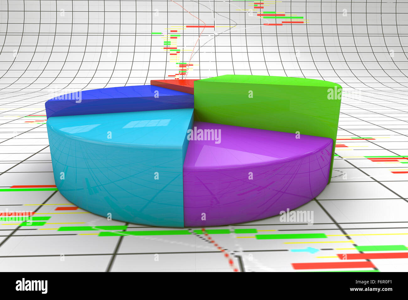 A colorful 3d pie chart graph. High resolution render with candlesticks chart background Stock ...