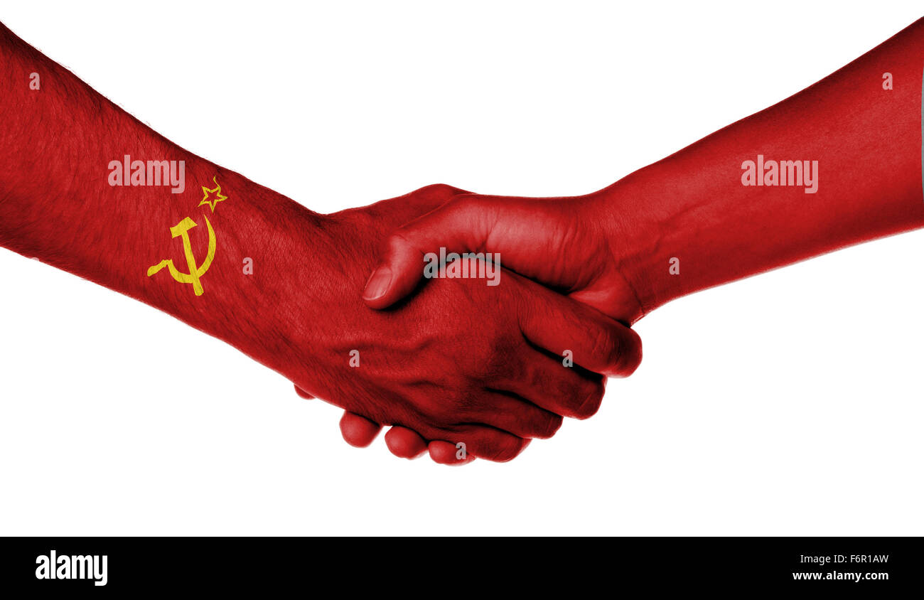 Man and woman shaking hands, wrapped in flag pattern, USSR Stock Photo ...