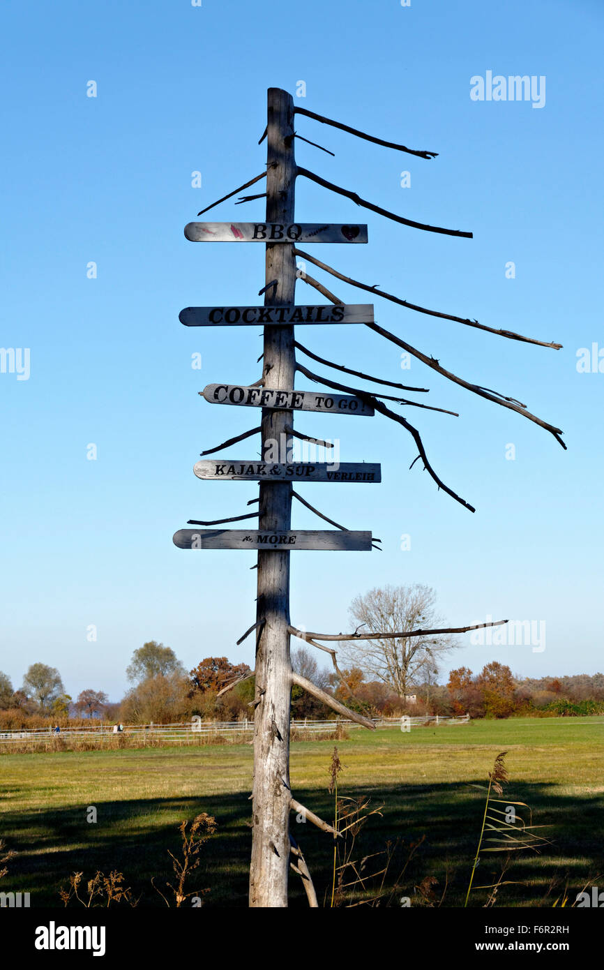 Various advertising signs on a dead tree, Ubersee, Chiemsee, Upper ...