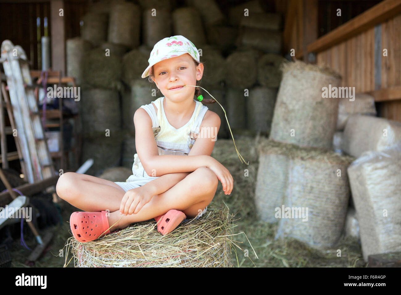 Little girl sitting on hay bale in stable Stock Photo - Alamy