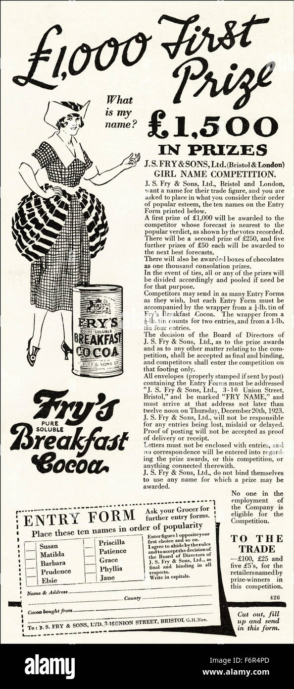 1920s advertisement. Advert dated 1923 advertising Fry's Breakfast ...