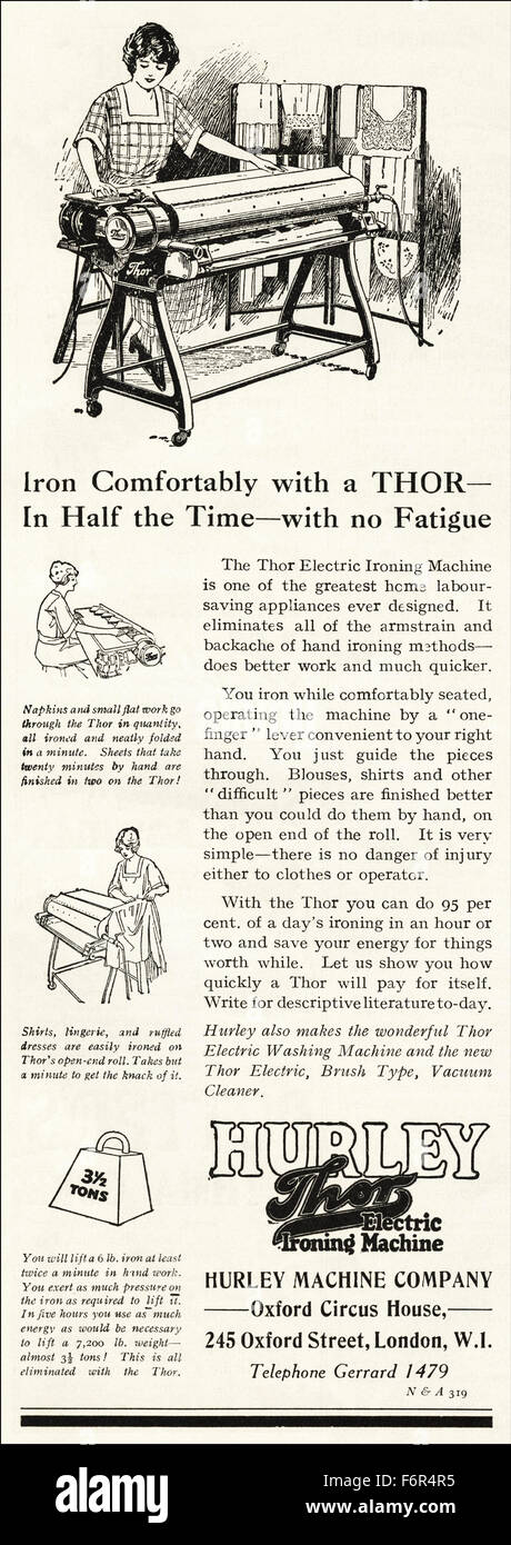 1920s advertisement. Advert dated 1923 advertising Hurley Thor electric ...