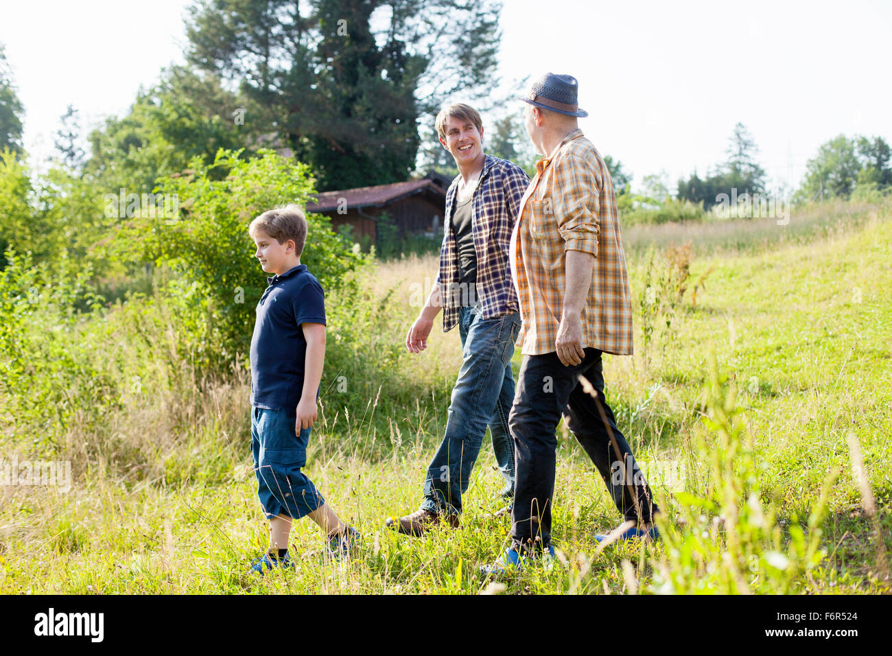 Multi-generation family walking in the meadow Stock Photo - Alamy