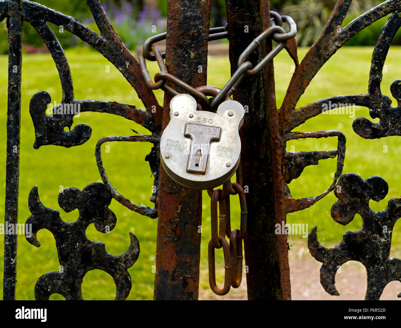 Padlock and metal chain securing a wrought iron gate Stock Photo - Alamy