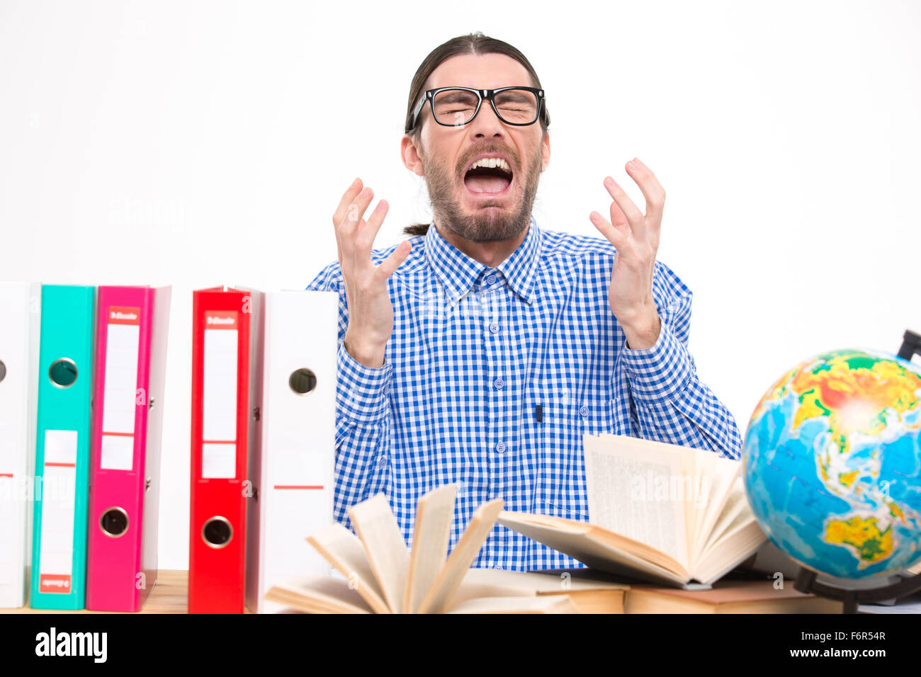 Angry anxious desperate stressed man in glasses screamin with hands up ...