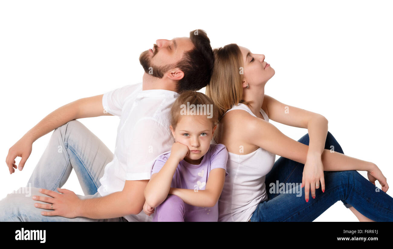 The tired family sitting together isolated on white background. concept ...