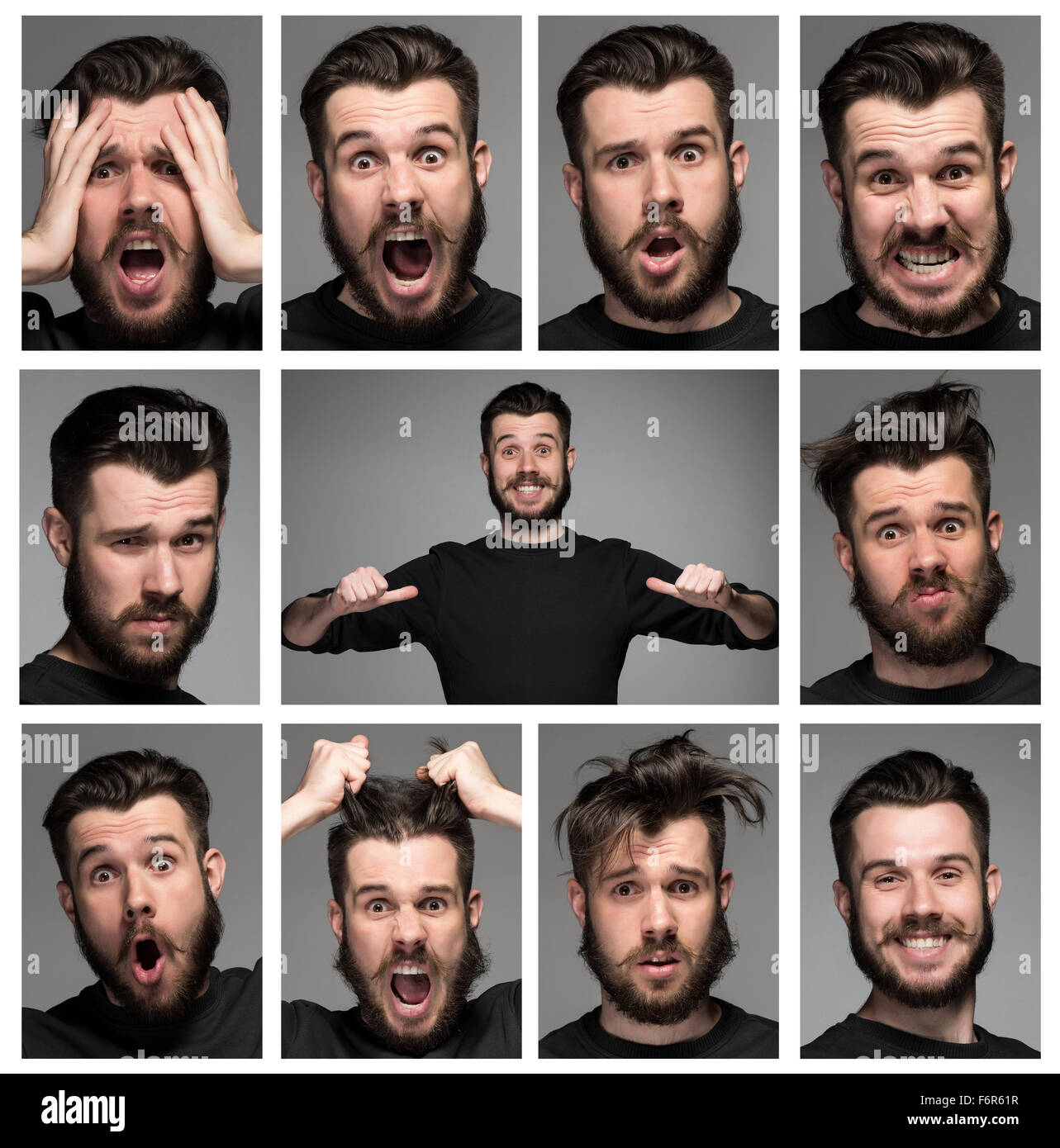 Set of young man's portraits with different emotions on gray background ...