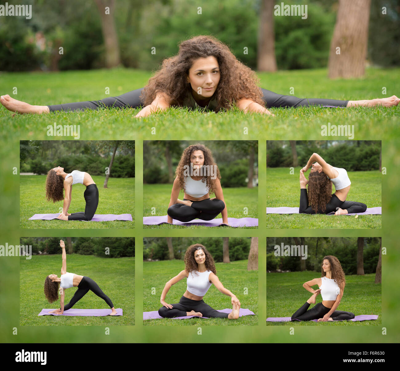 Collage of young beautiful woman doing yoga exercises in park on green ...