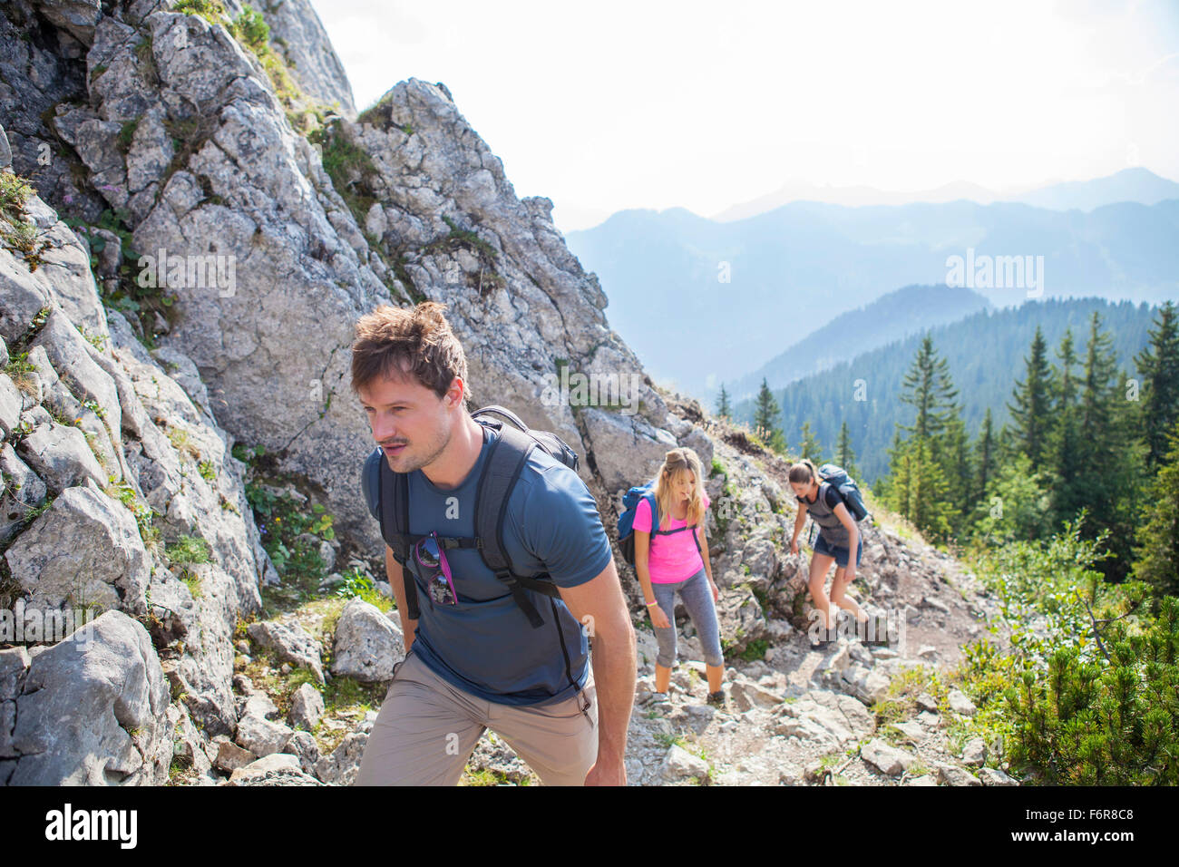 Group of friends hiking in mountain landscape Stock Photo - Alamy