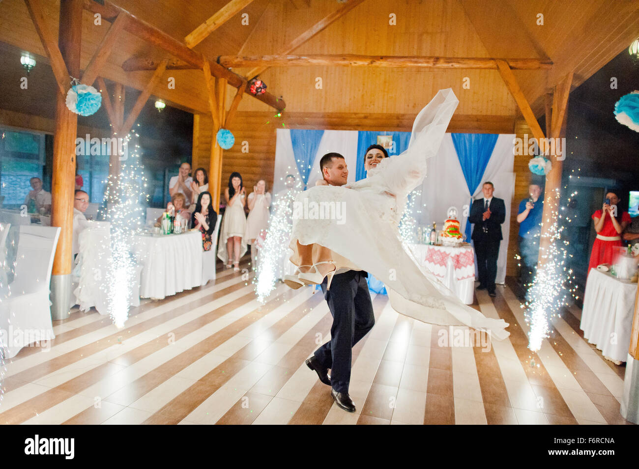 First wedding dance of newlyweds with fireworks Stock Photo - Alamy