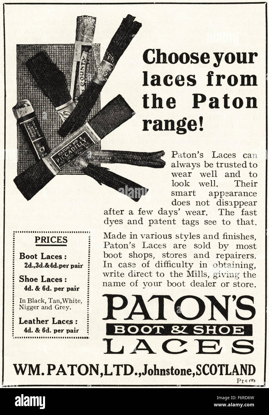 1920s advertisement. Advert dated 1923 advertising Paton's boot & shoe ...