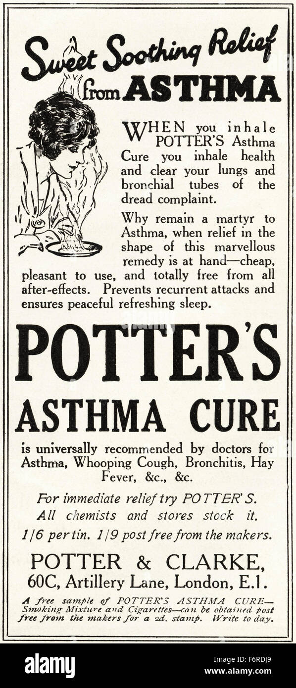 1920s advertisement. Advert dated 1923 advertising Potter's Asthma Cure ...