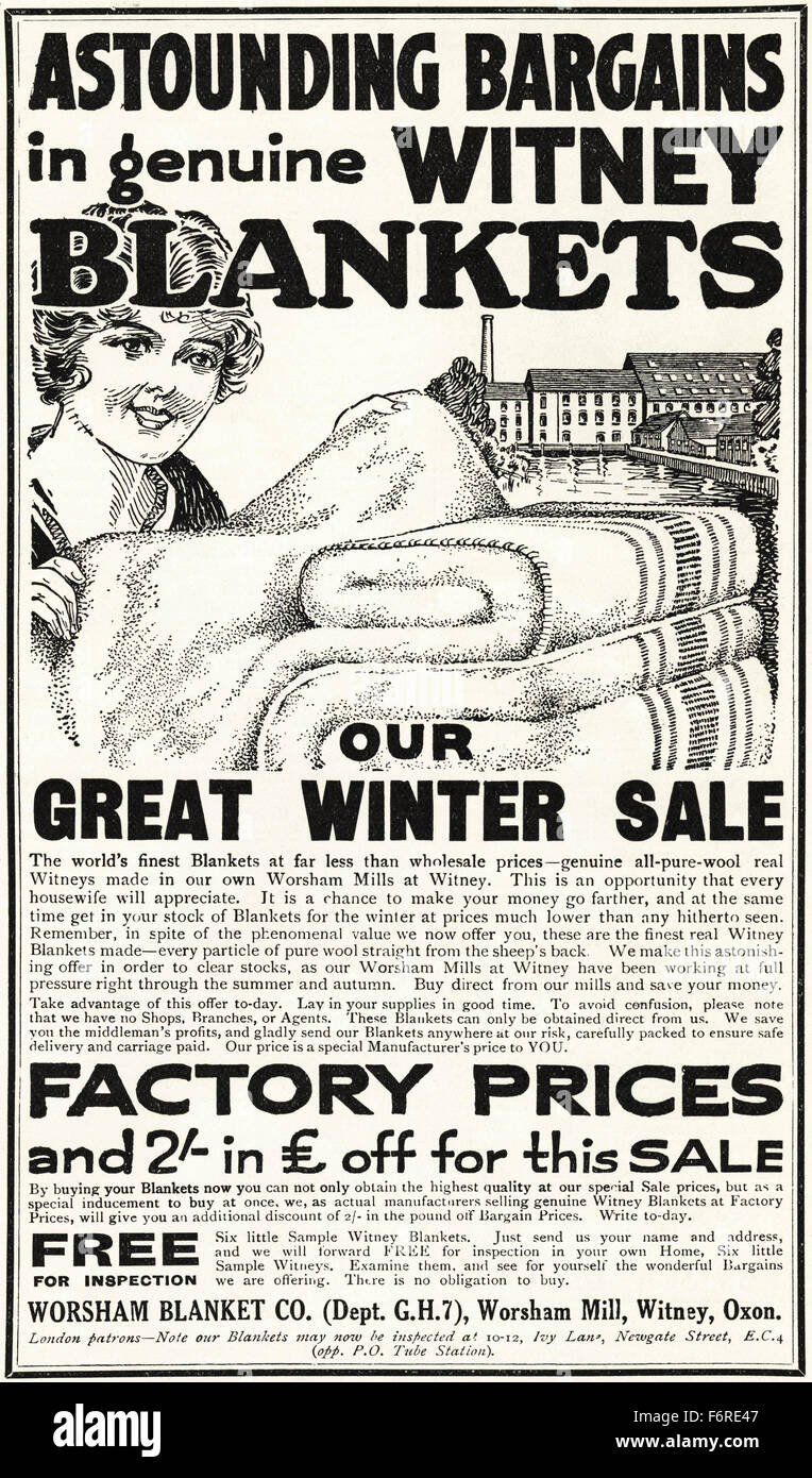 1920s advertisement. Advert dated 1923 advertising Witney blankets by ...