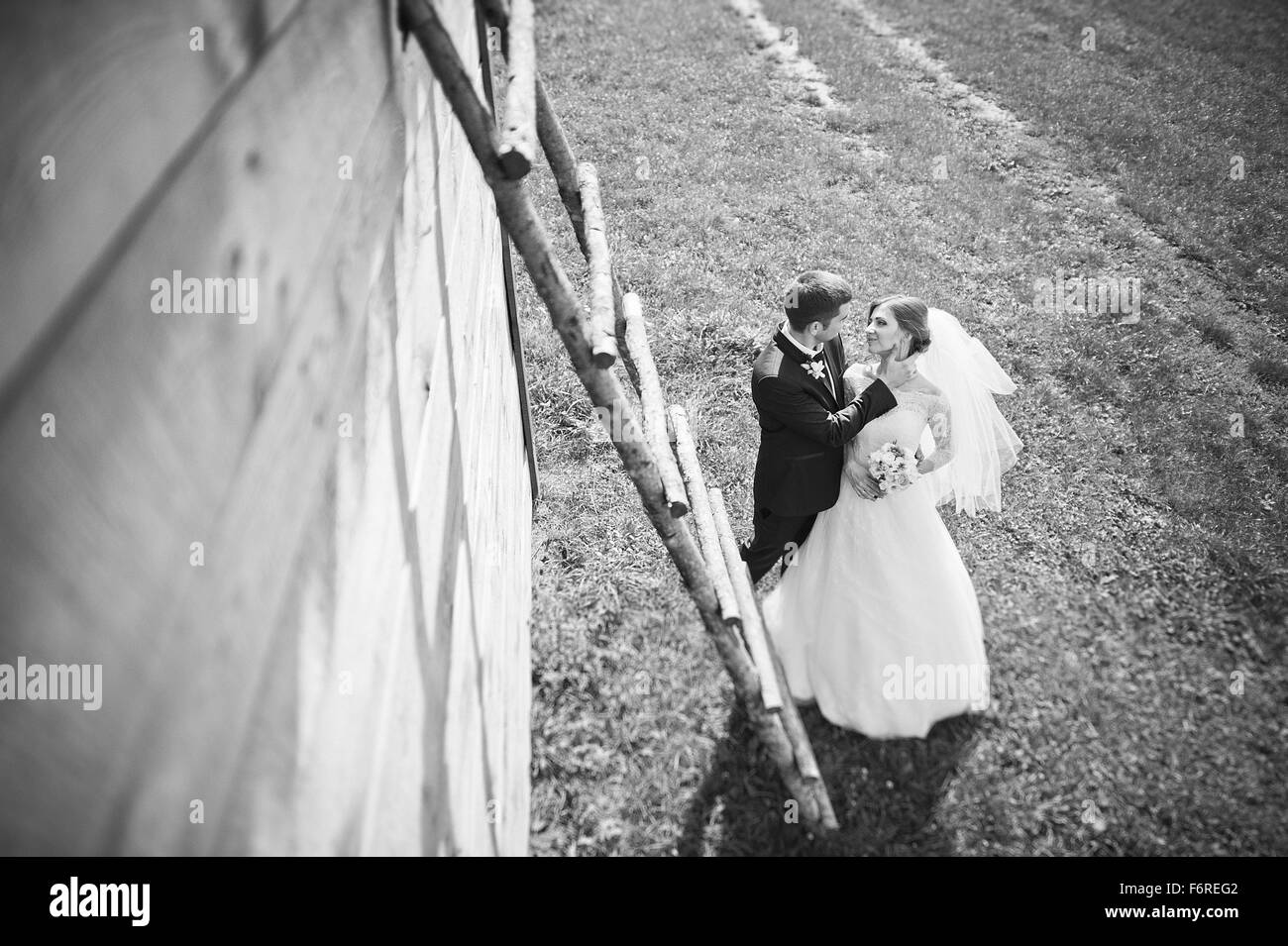 Just married background wooden ladder Stock Photo - Alamy