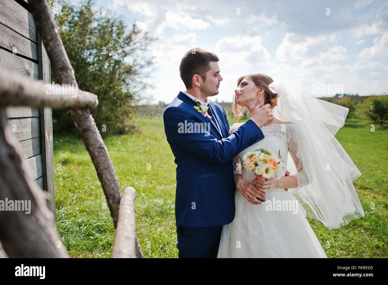 Just married background wooden ladder Stock Photo - Alamy