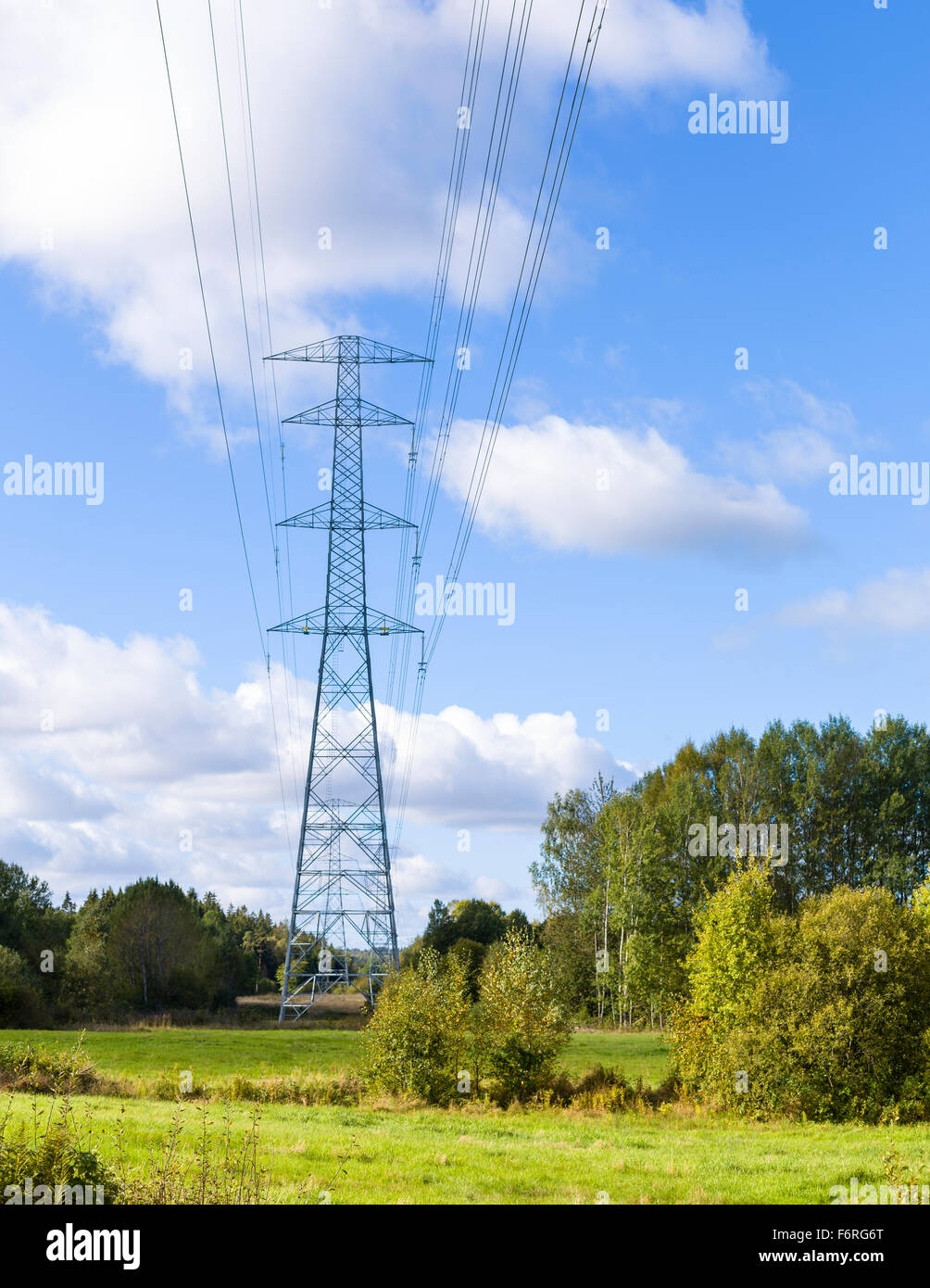 Overhead power line and electrical transmission tower or electricity ...