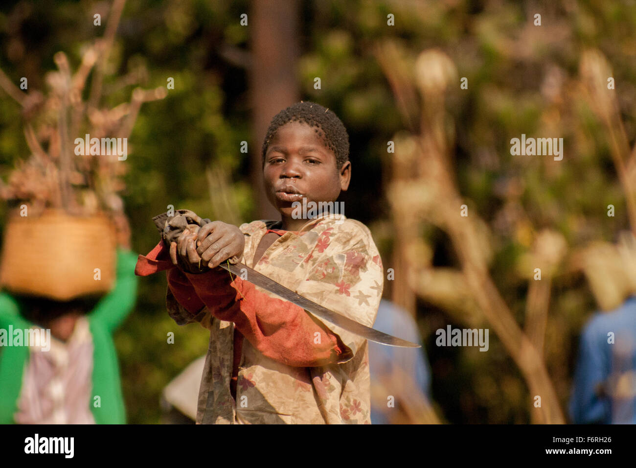 Malawian boy play fighting with a machete as adults gather wood Stock ...
