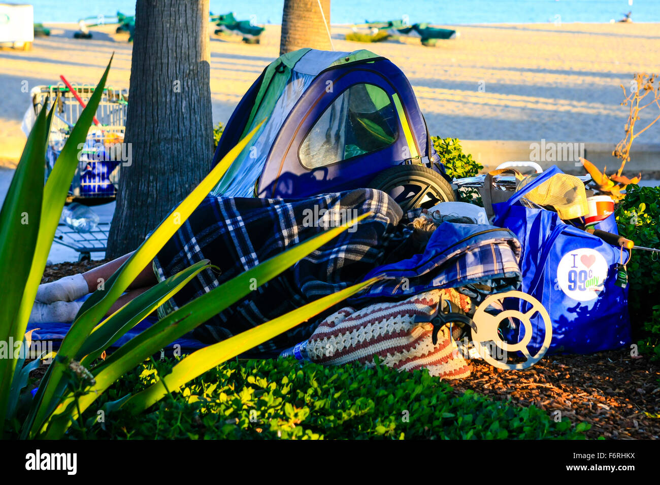 Homeless person camps out on the edge of the beach in Santa Barbara in ...