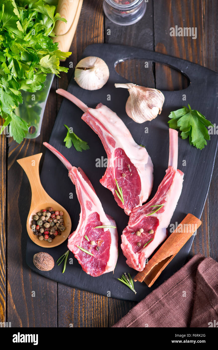 raw chop meat with spice on a table Stock Photo - Alamy