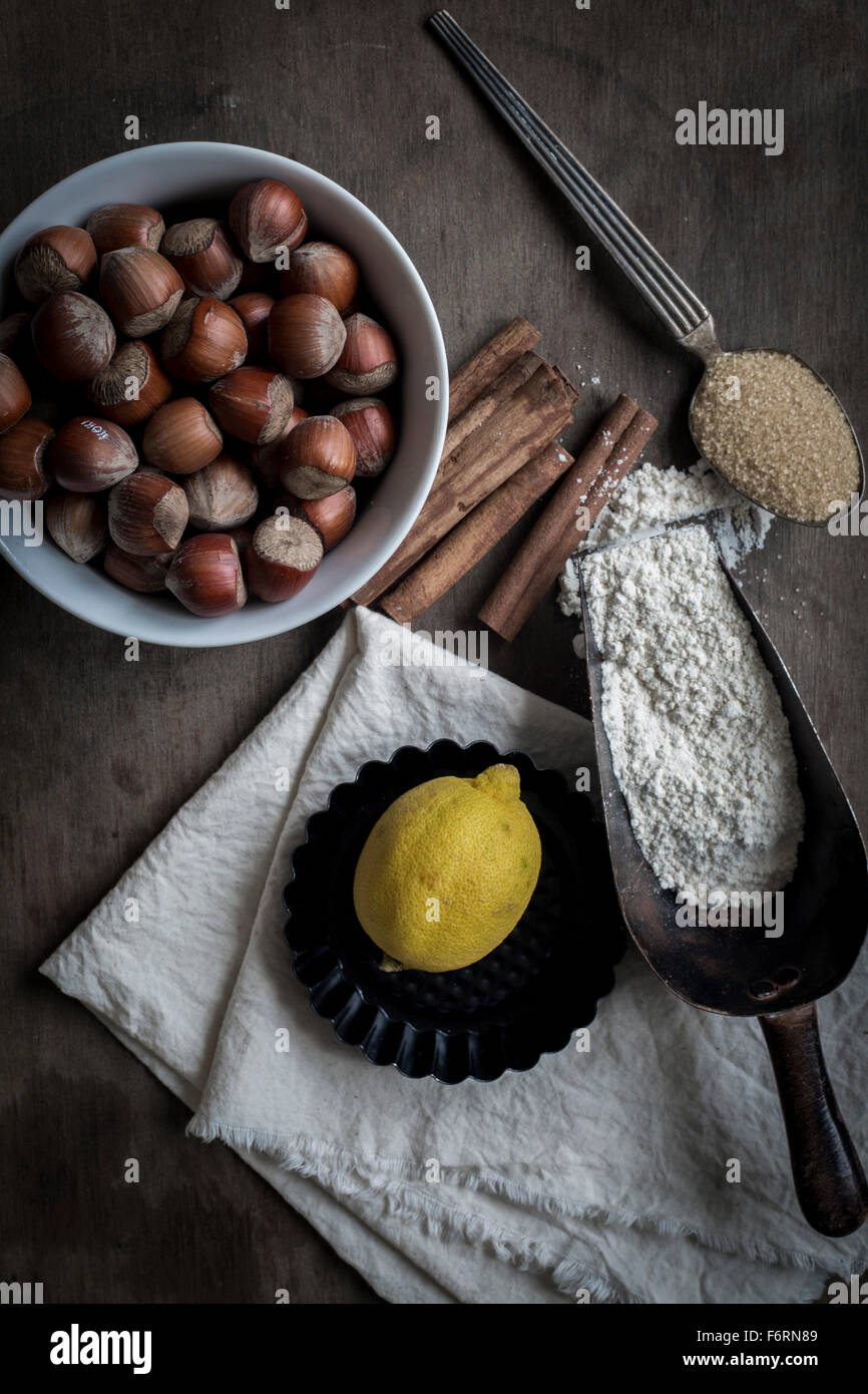Baking ingredients on wooden tabletop.Top view Stock Photo - Alamy