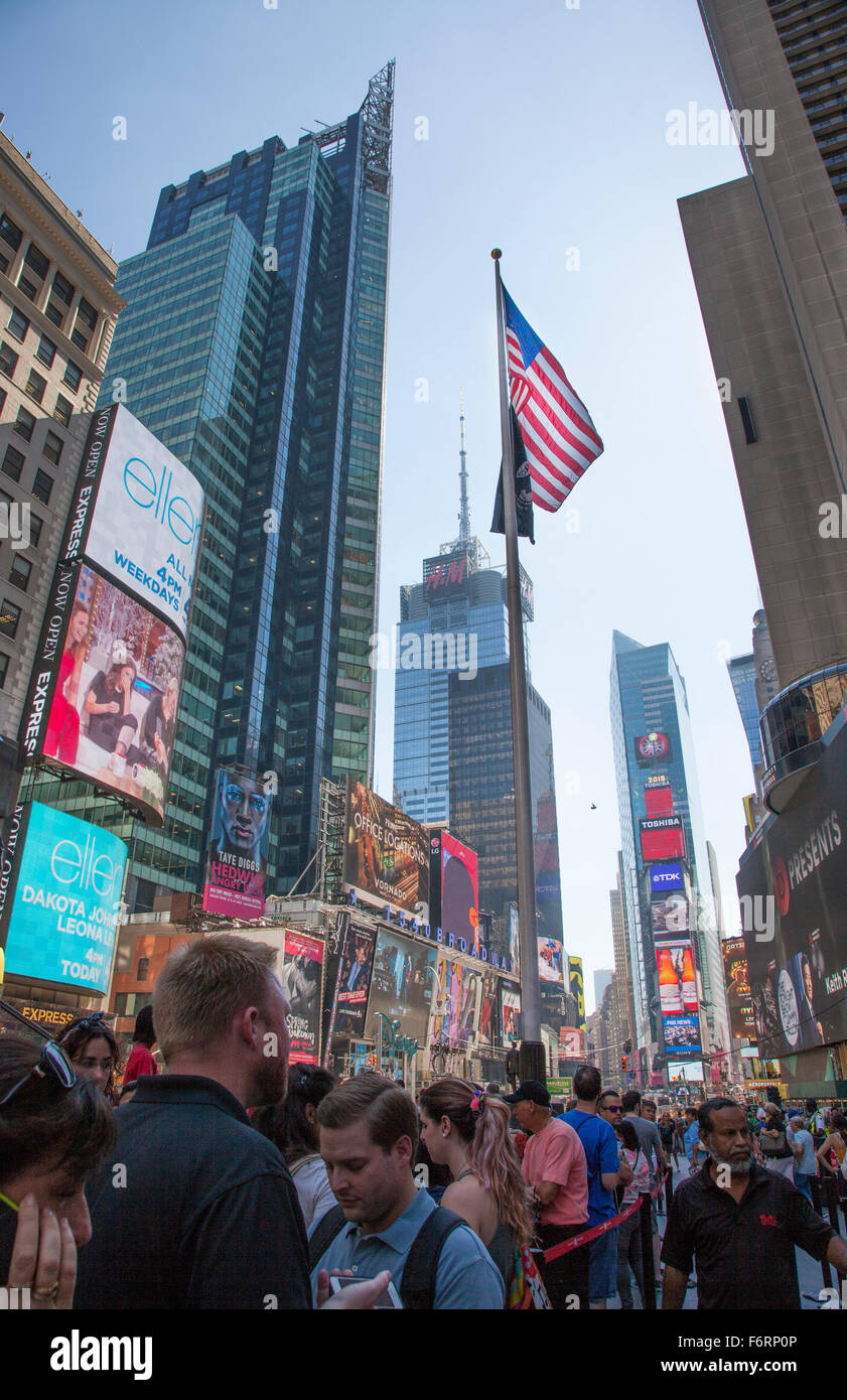 Manhattan New York City Times Square American flag with billboards and ...