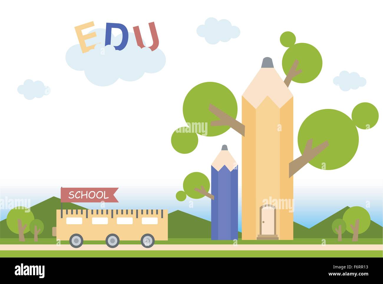 education flat background with tree pencil and school bus Stock Vector ...