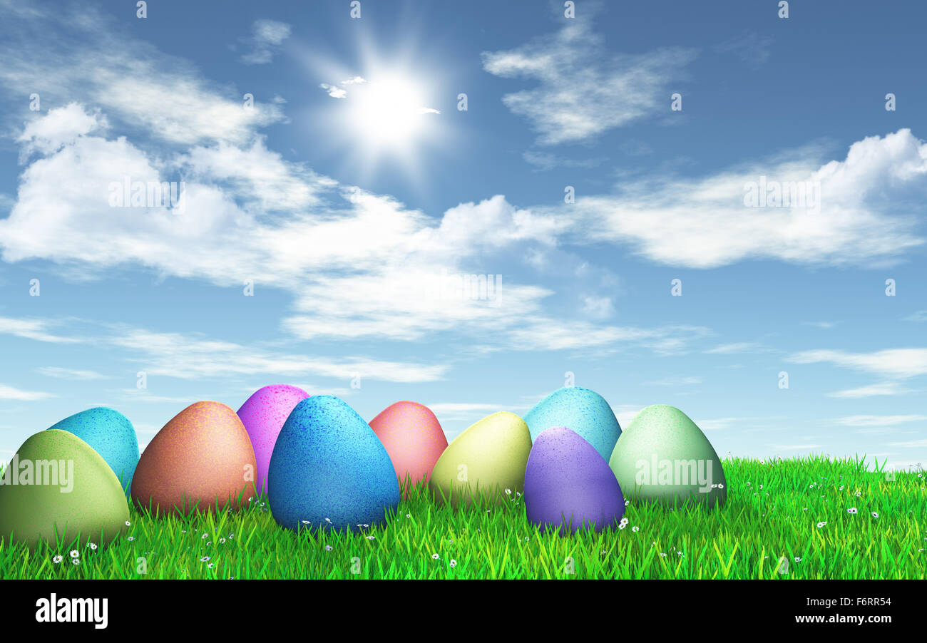 3D landscape with Easter eggs in grass Stock Photo - Alamy