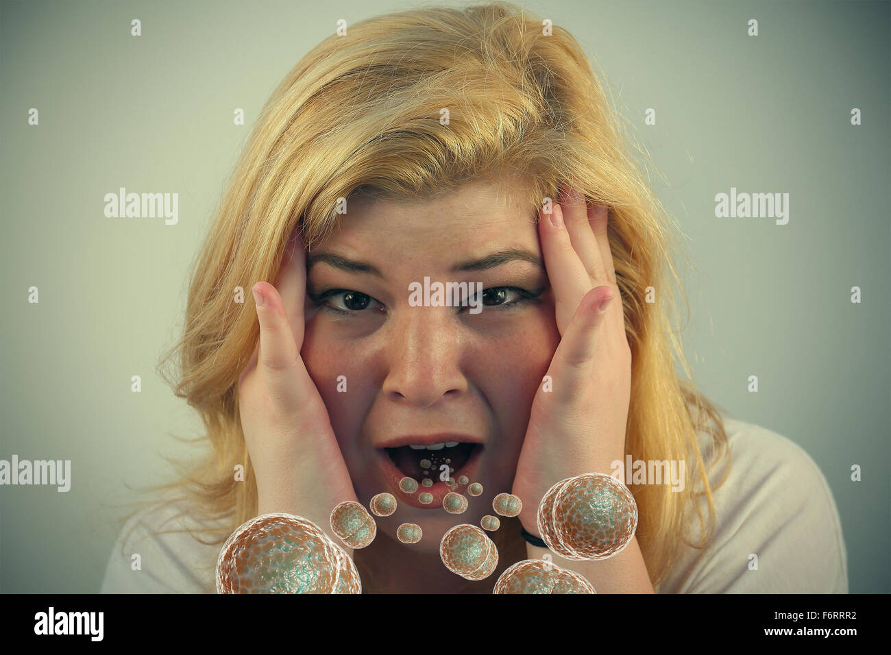 Bacteria virus sickness pouring out sick girls open mouth Stock Photo ...