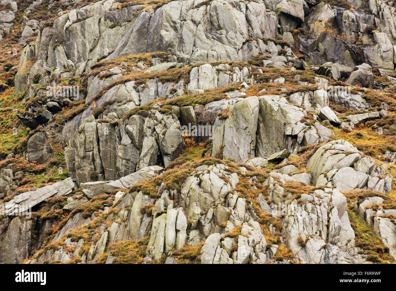 Rock Face. Grass covered rocky outcrops forming a formidable climbing ...