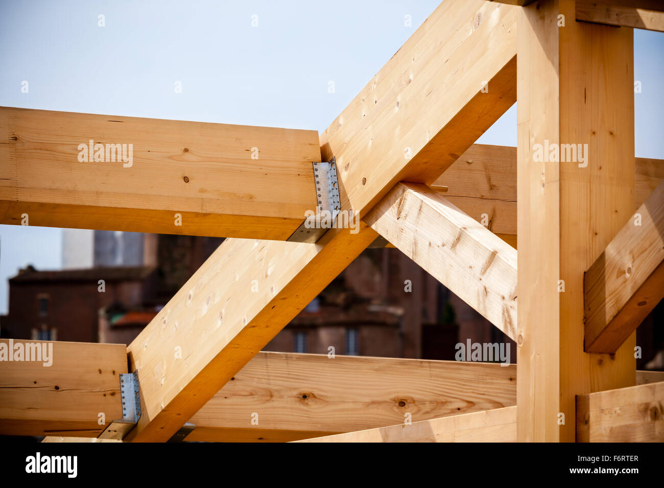 Construction of new wooden house. Beams frame close up Stock Photo - Alamy