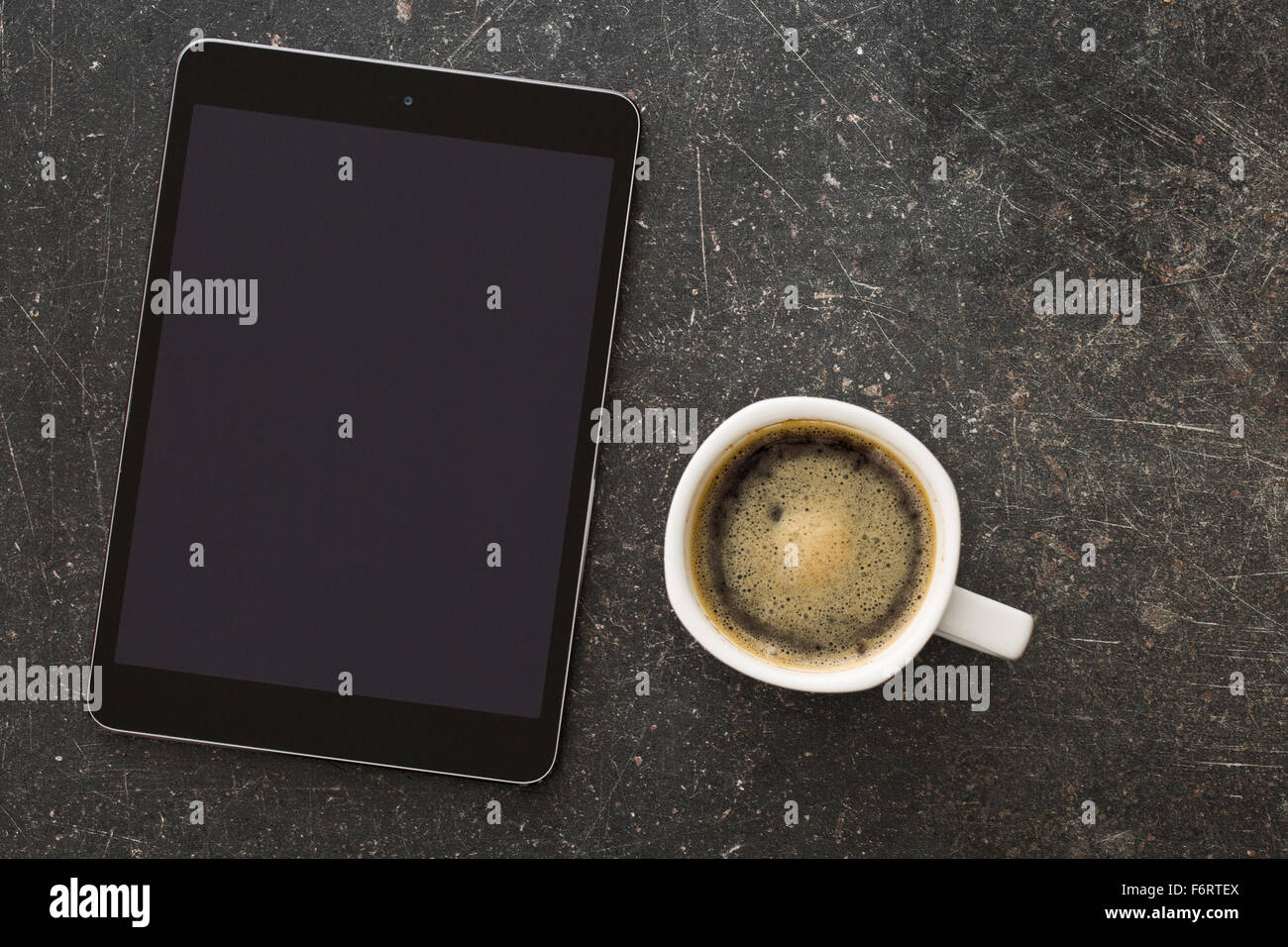 top view of coffee cup and computer table Stock Photo - Alamy