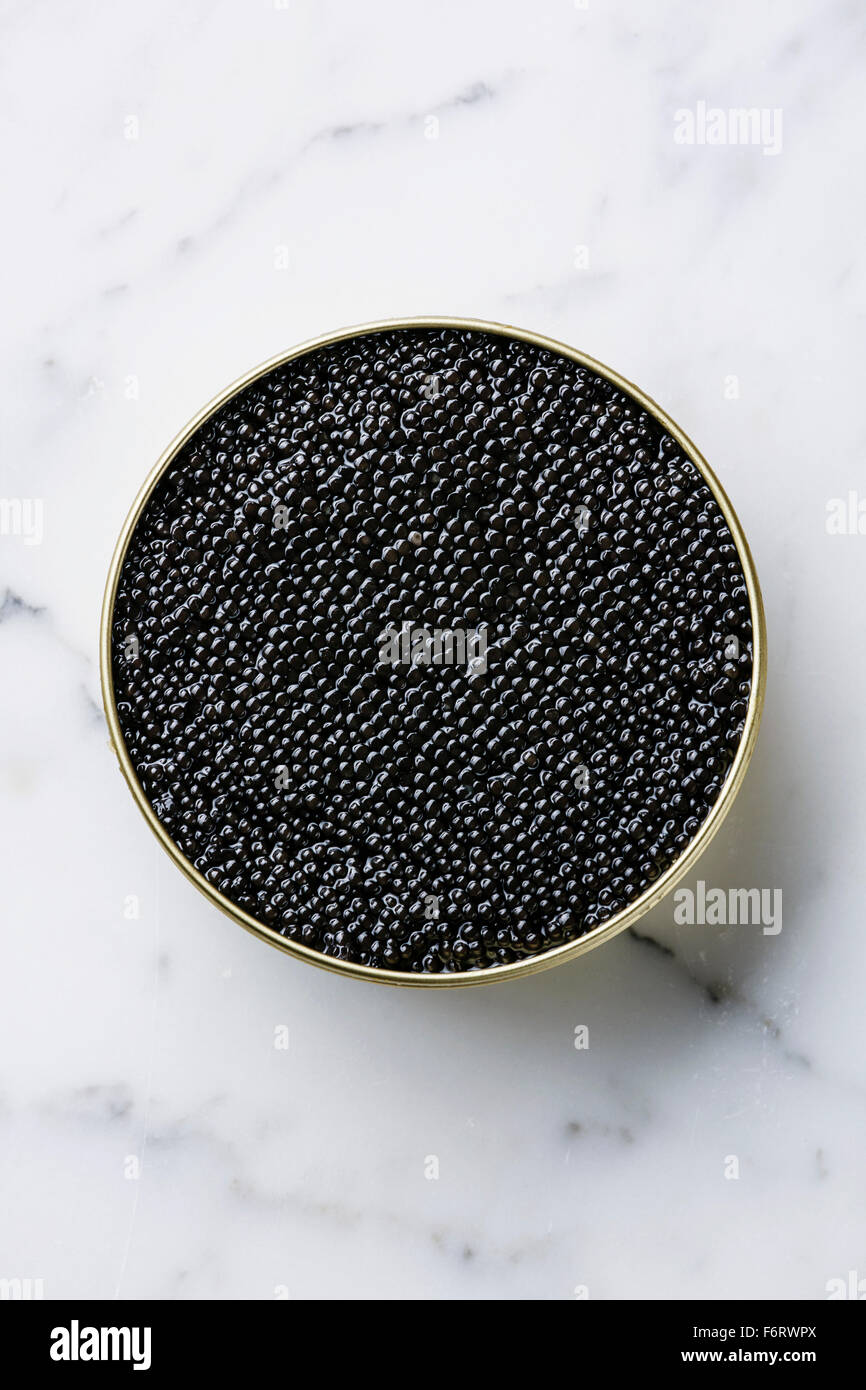 Sturgeon black caviar in can on white marble background Stock Photo - Alamy