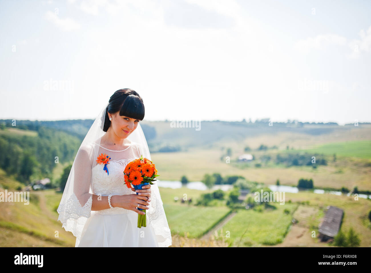 portrait of bride with bouquet at hand background landskape Stock Photo ...