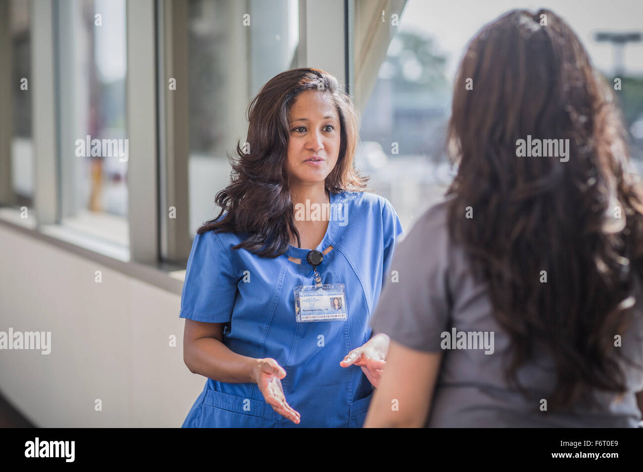 Nurses talking in hospital hallway Stock Photo - Alamy