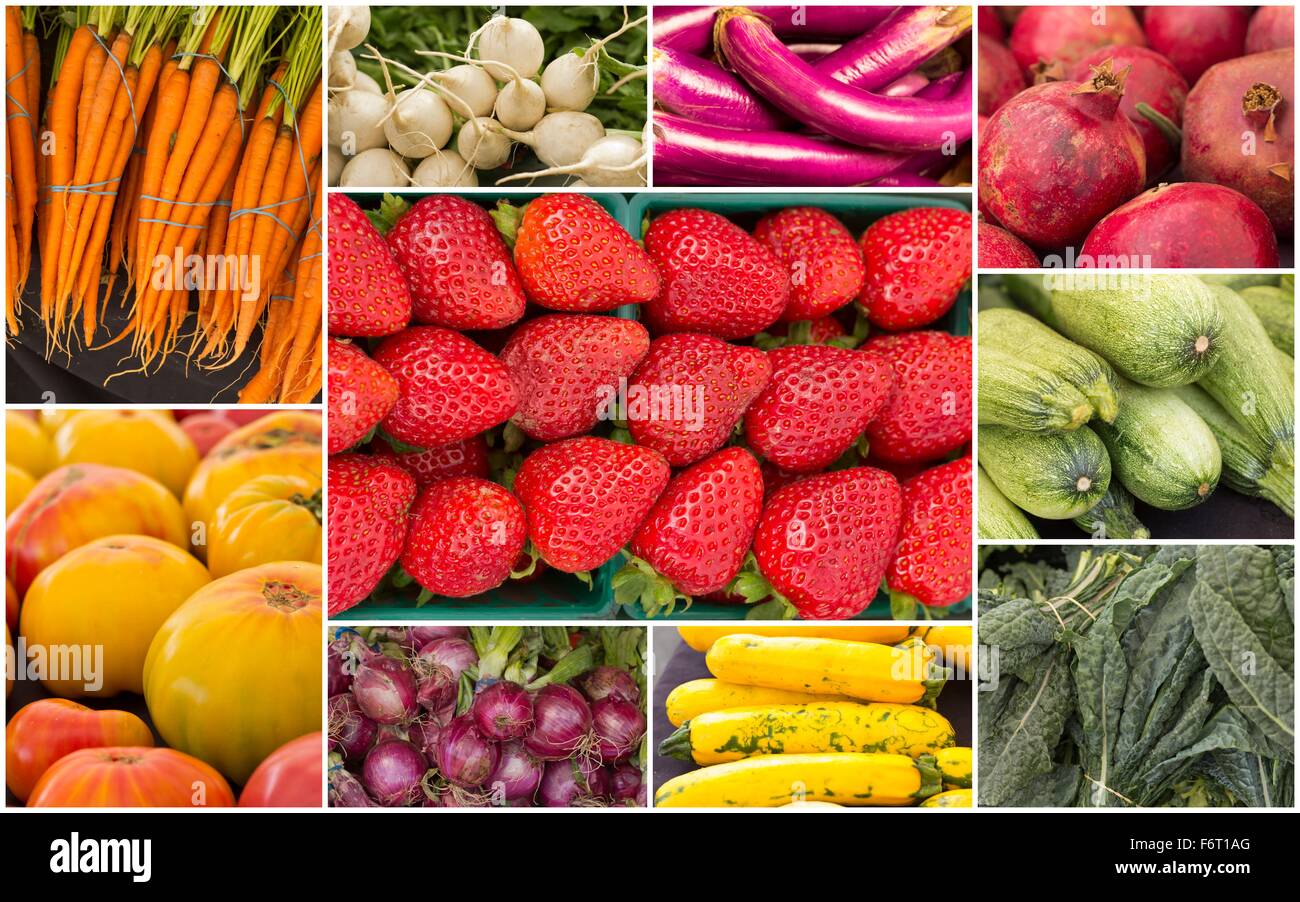 Variety of popular farmers market fruits and vegetables in produce ...