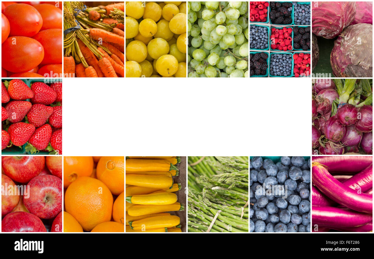 Produce collage of popular fruits and vegetables in the pattern of a ...