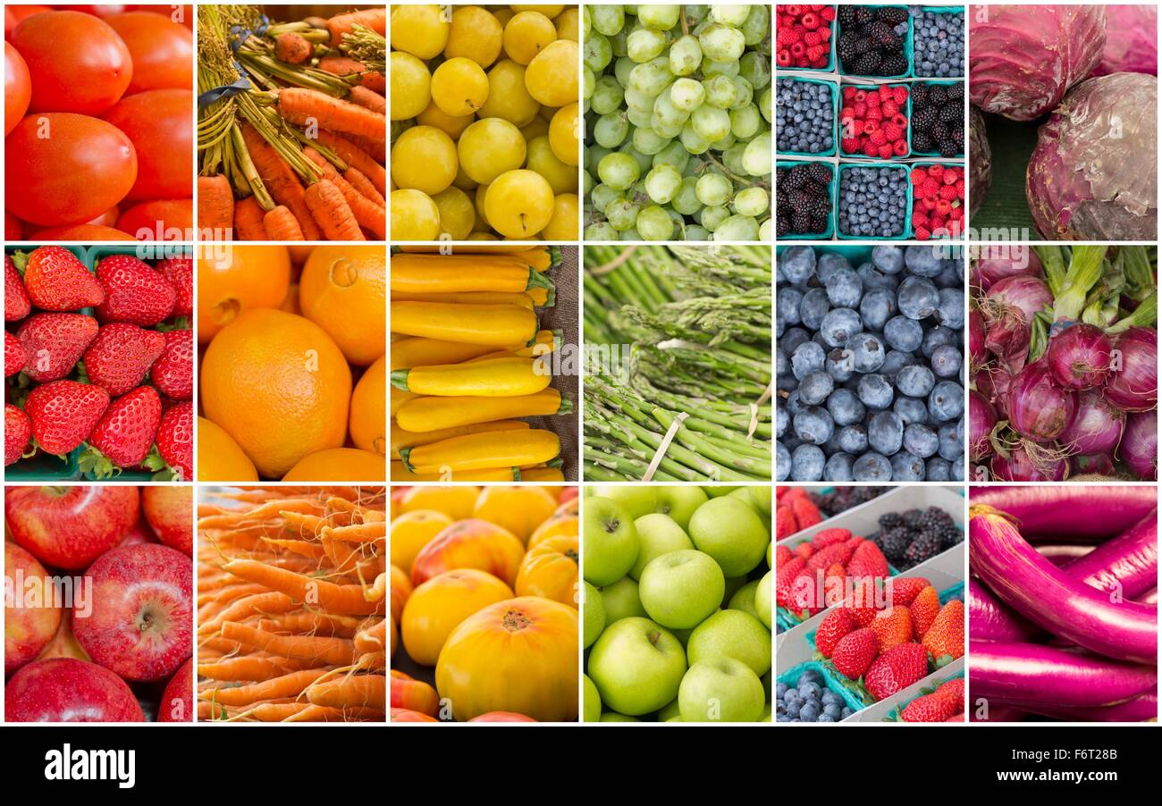 Produce collage of popular fruits and vegetables in the pattern of a ...