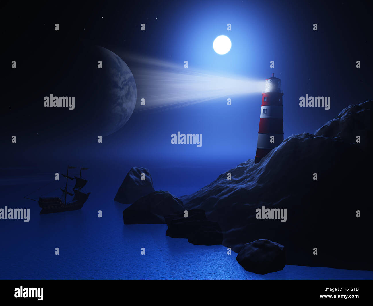 3D render of a lighthouse with a ship on the ocean Stock Photo - Alamy