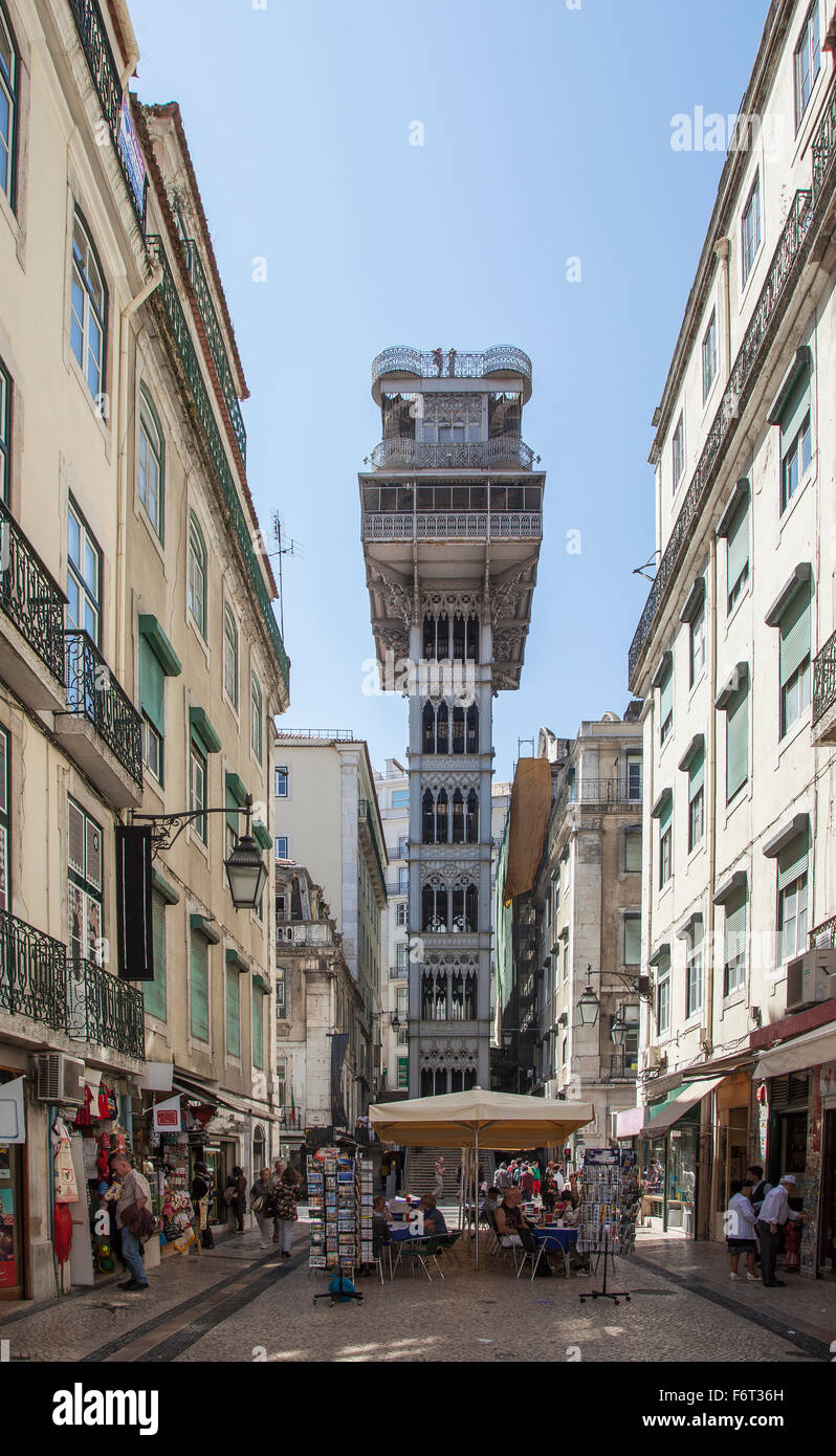 Tower and apartment buildings over Lisbon street, Extremadura, Portugal ...
