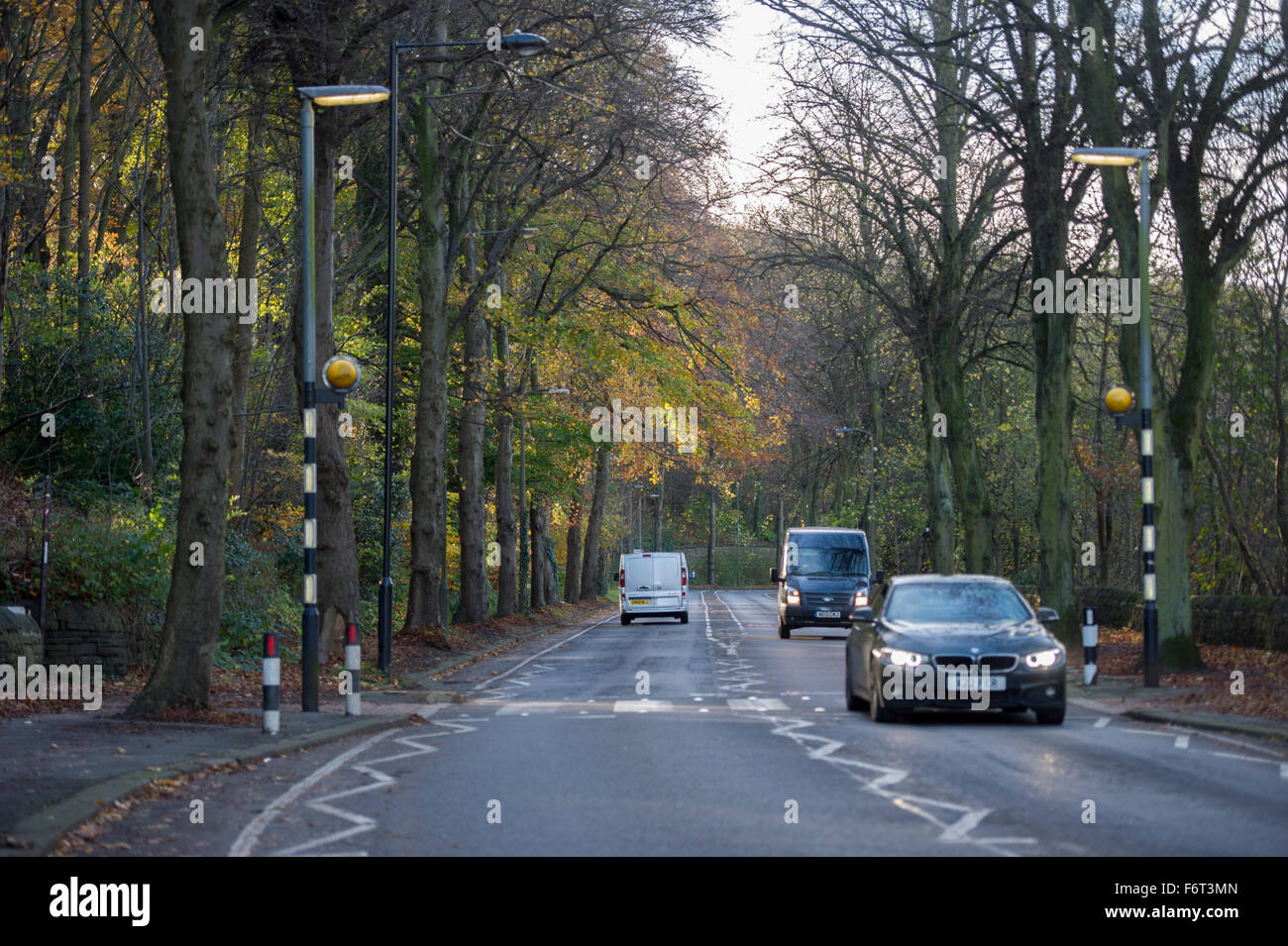 The tree lined road through the Rivelin Valley in the South Yorkshire ...