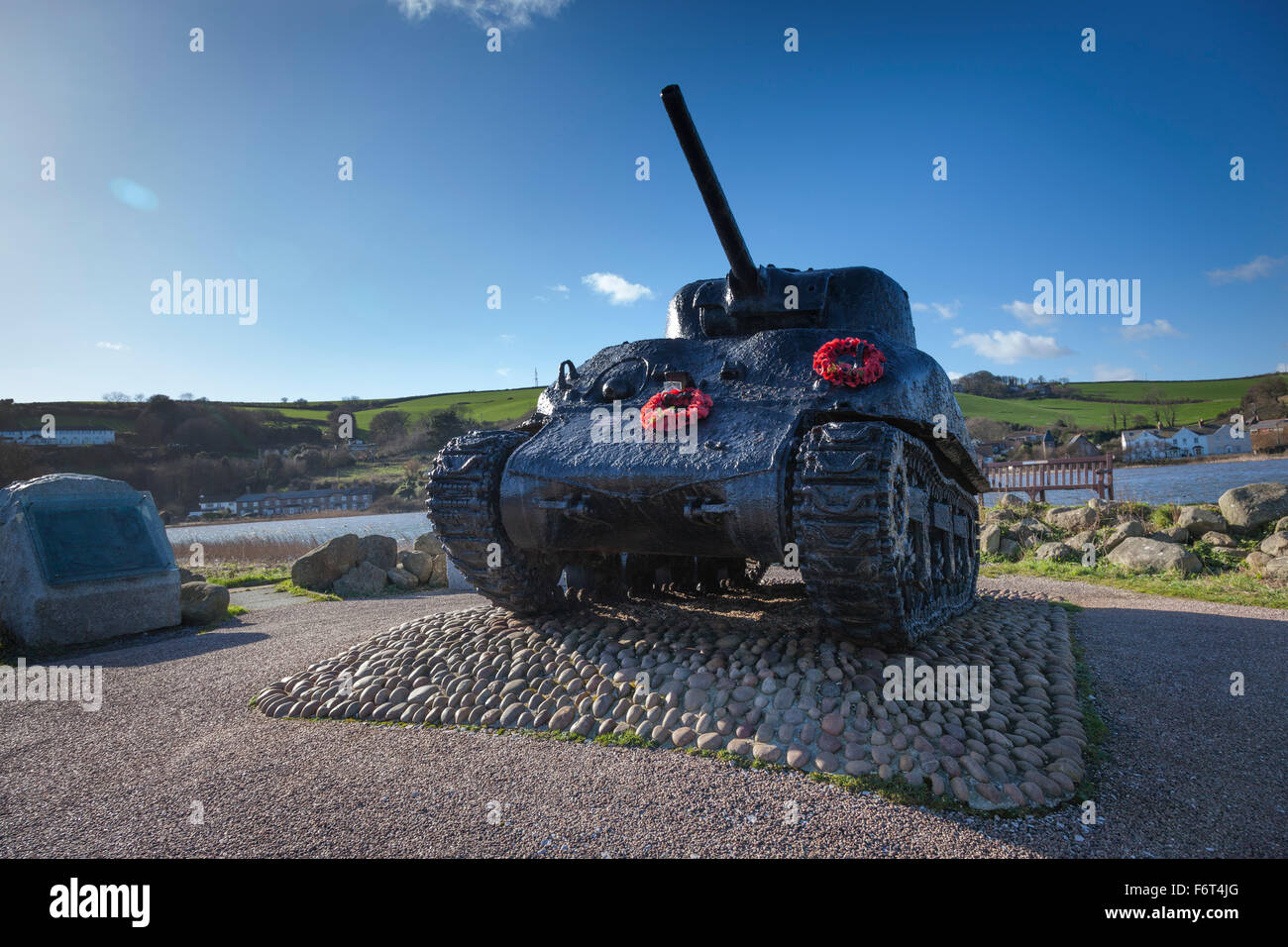 A Sherman tank is part of the Exercise Tiger memorial at Slapton Sands ...