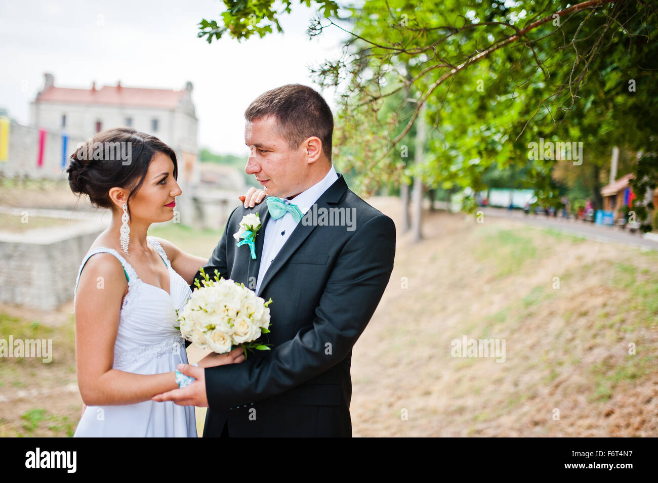 Newly wed in their wedding day at park Stock Photo - Alamy