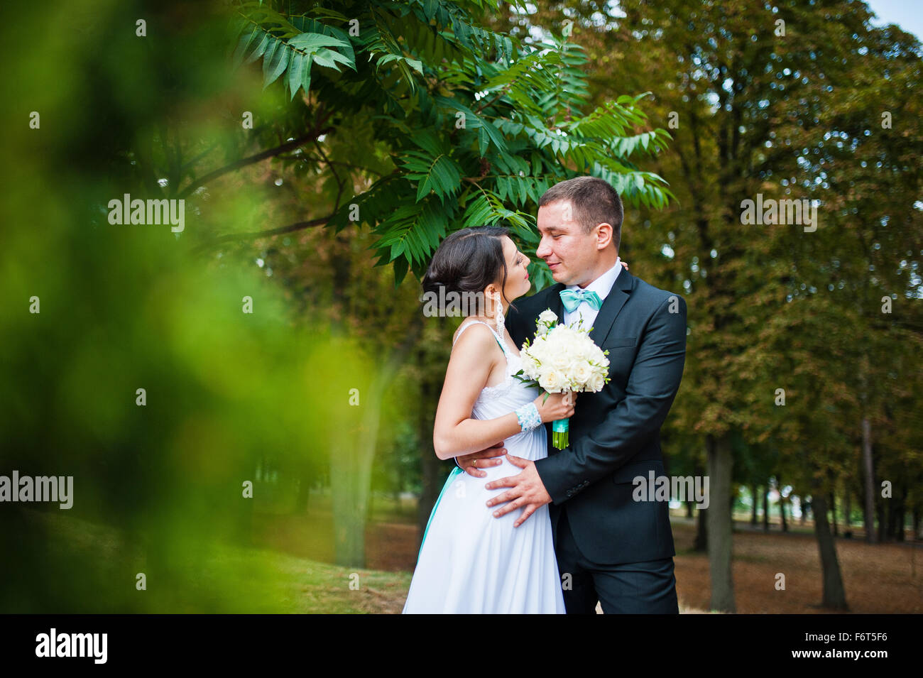 Newly wed in their wedding day at park Stock Photo - Alamy