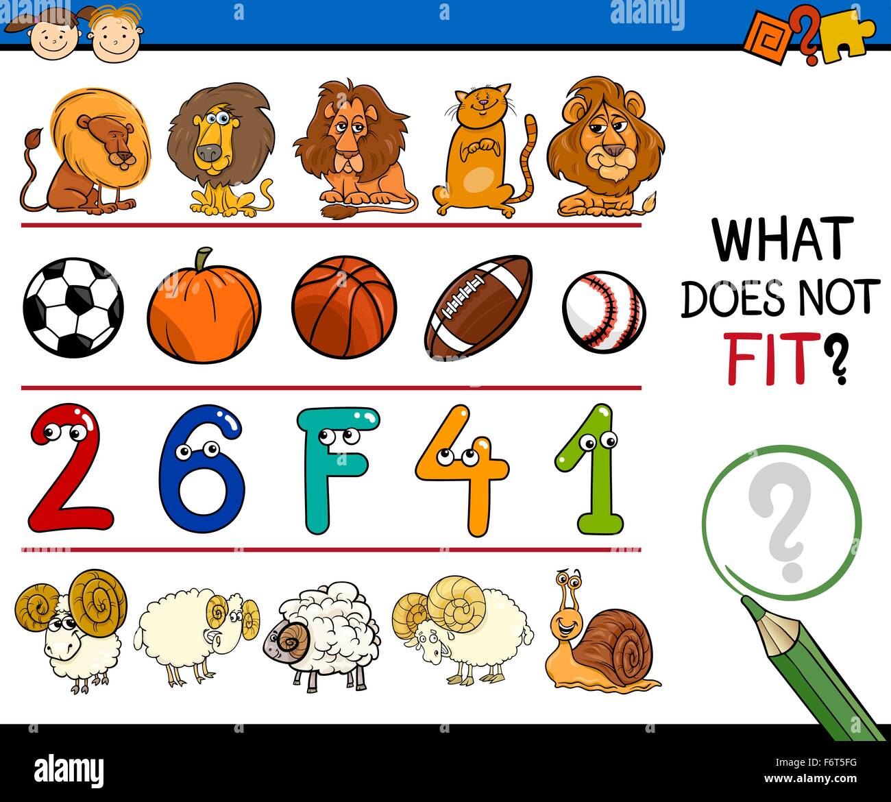 Cartoon Illustration of Finding Improper Item in the Row Educational ...