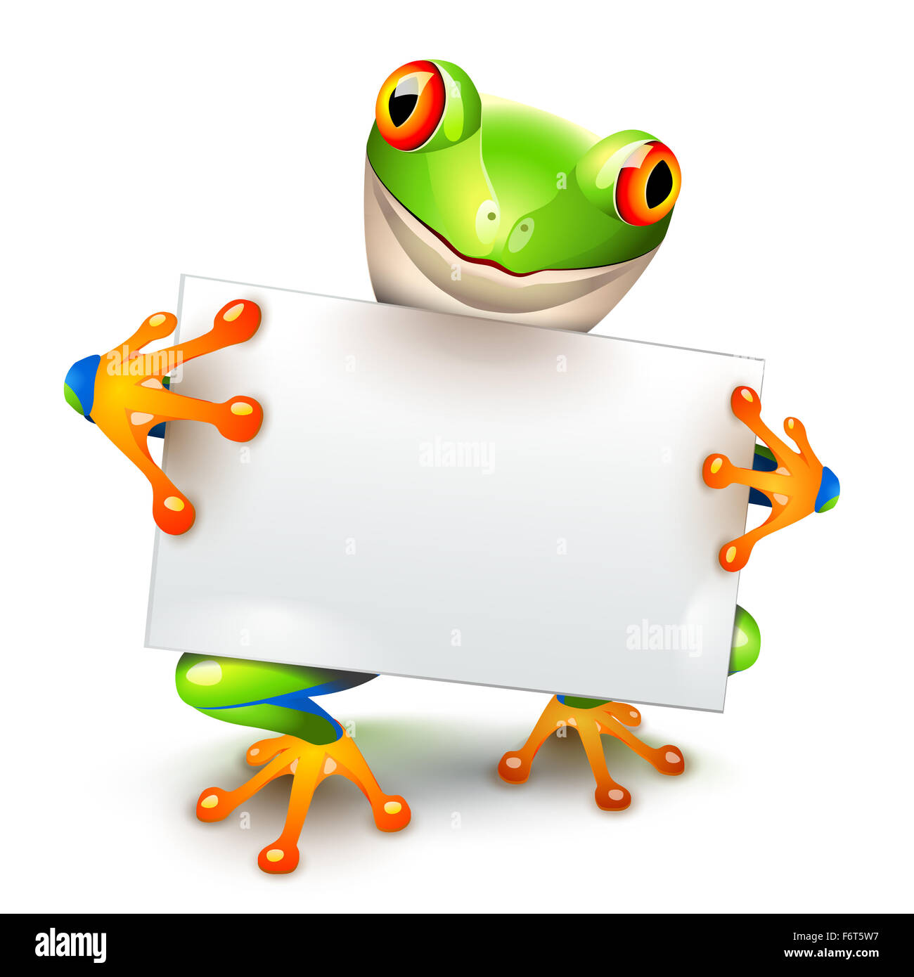 Little tree frog holding a white card for a message Stock Photo - Alamy
