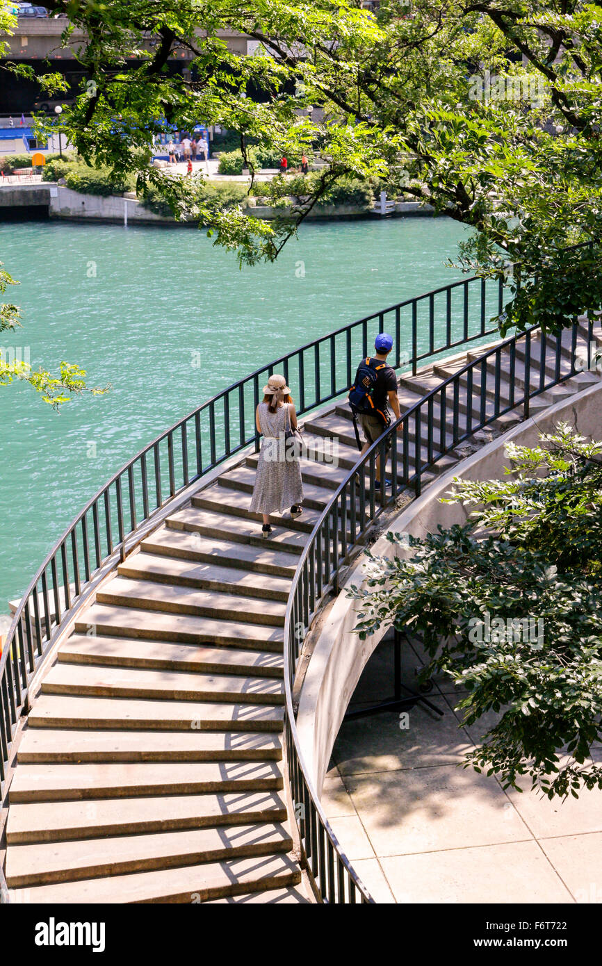 Stairs to Chicago Riverwalk from Michigan Avenue Bridge Stock Photo - Alamy