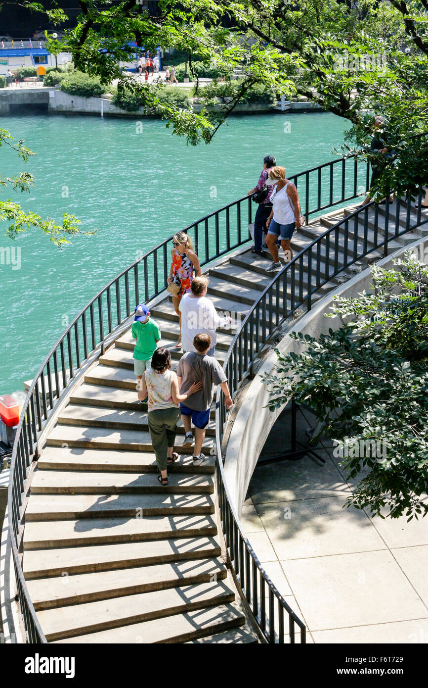 Stairs to Chicago Riverwalk from Michigan Avenue Bridge Stock Photo - Alamy