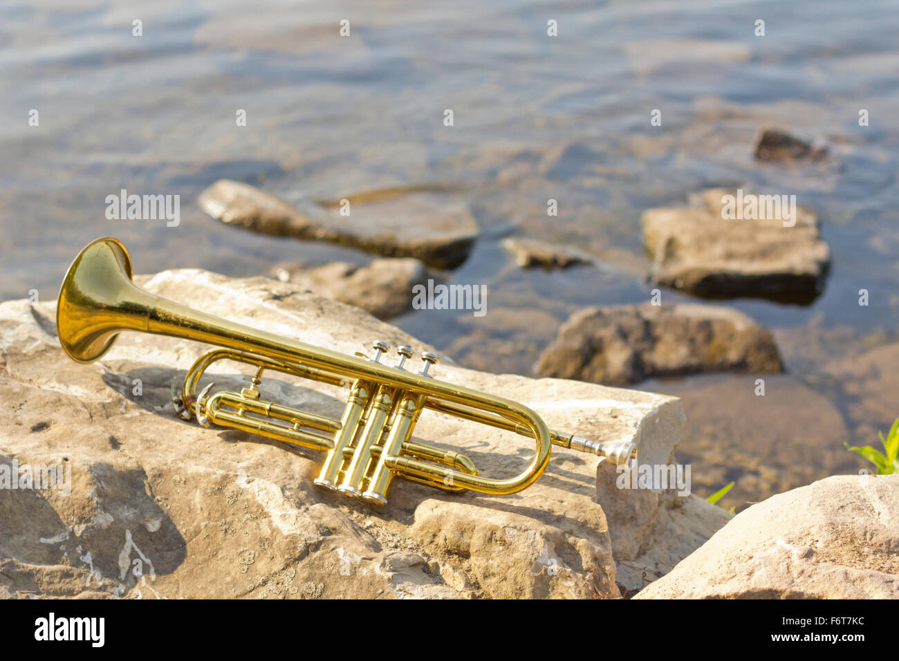 Summer Jazz trumpet in nature lying on rocks lakeside Stock Photo - Alamy