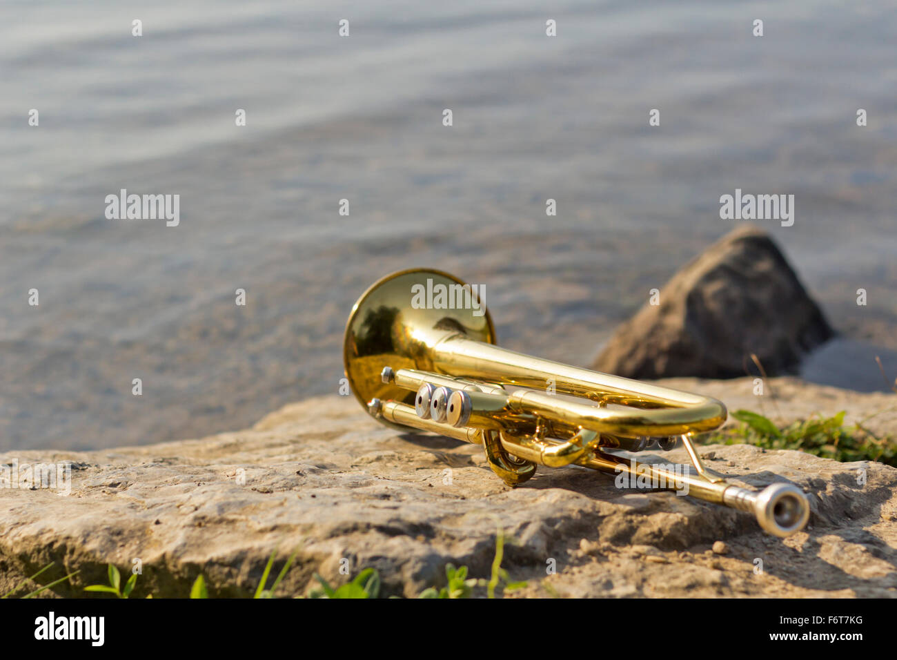 Summer Jazz trumpet in nature lying on rocks lakeside Stock Photo - Alamy
